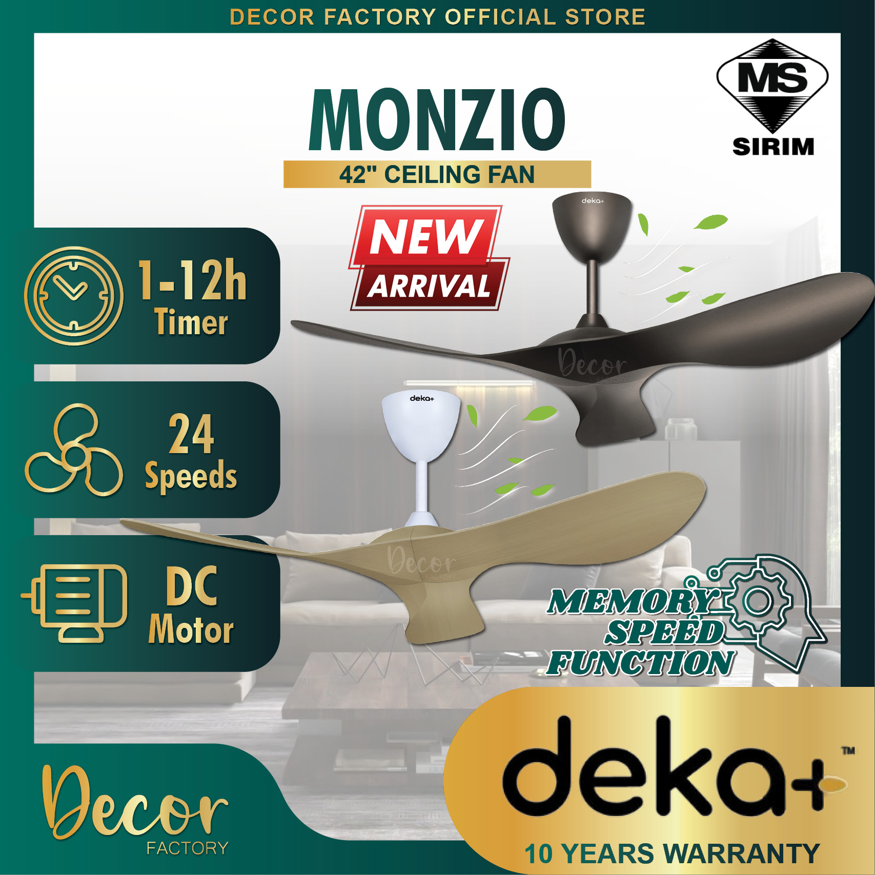 DEKA Fan DEKA+ MONZIO 42'' 3 Blades 24 Speeds+Reverse Mode Remote ...