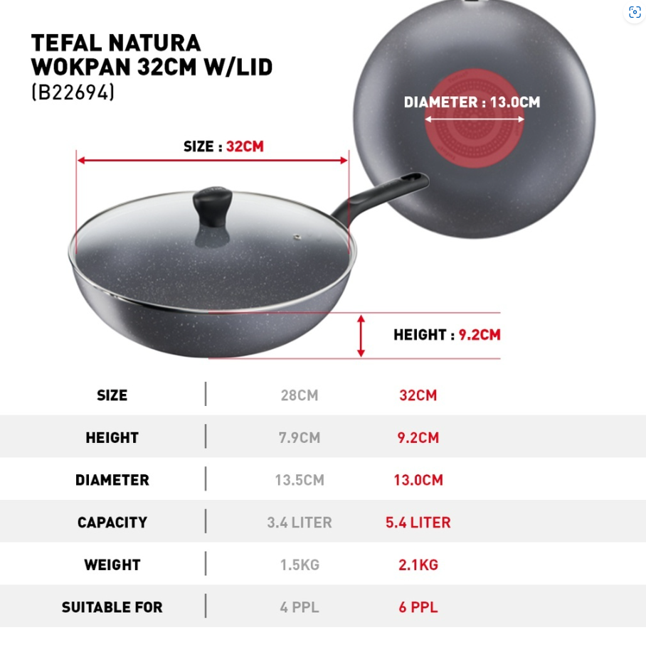 Tefal Natura Wokpan with lid 28cm B2269295 B22692 | 32cm B2269495 B22694 | Shopee Malaysia