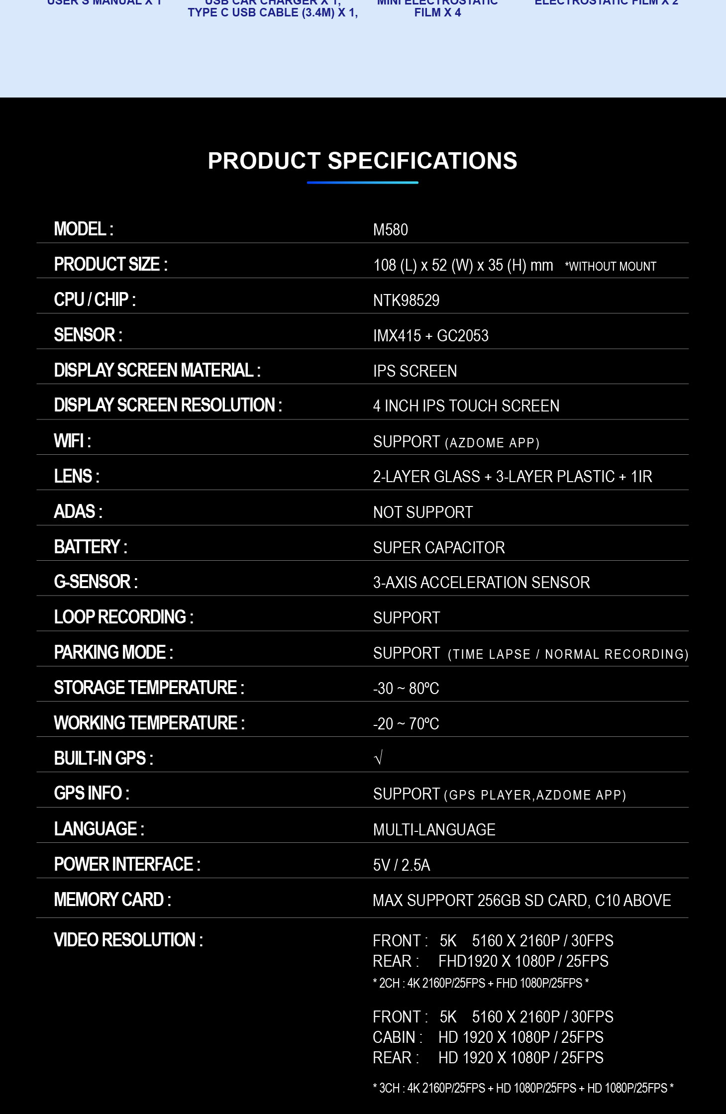 AZDOME M580 2160P/5K Ultra HD Dual/Triple Channel Front & Rear & Cabin ...