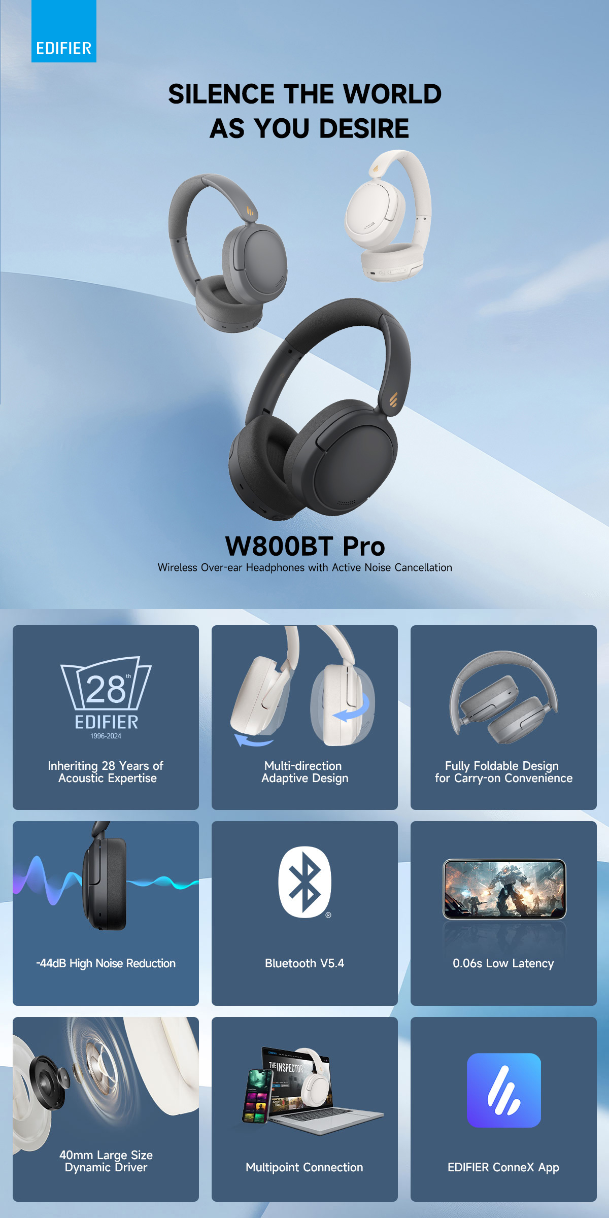Edifier W800BT Pro Hybrid ANC Headphones | Hi-Res Audio | Built-in Mic ...