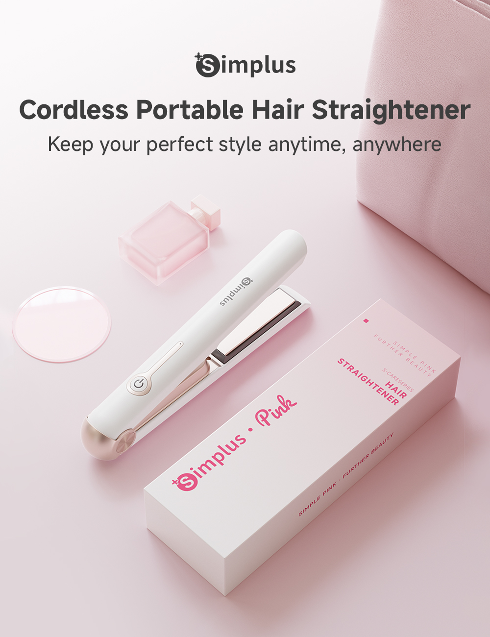 【Simplus Pink】Simplus Hair Straightener Cordless Portability 3D Float Plate Type-C Charging 180 ...