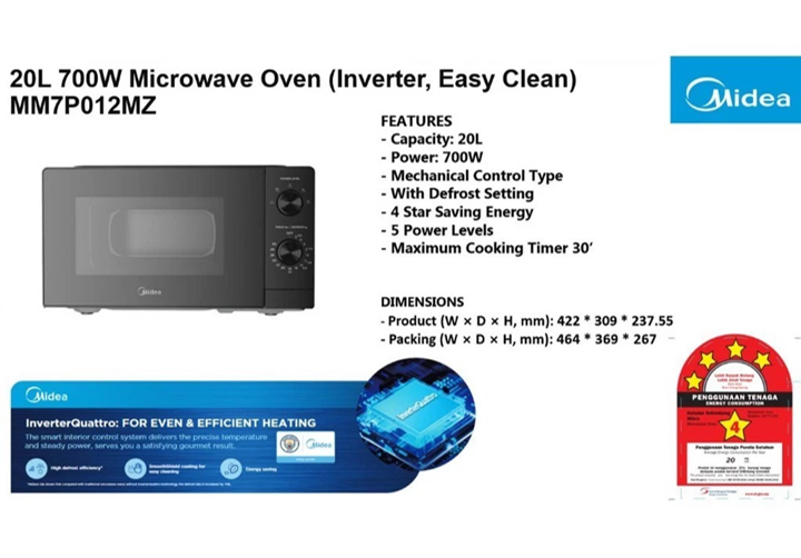 Midea MM7P012MZ 20L Inverter Microwave Oven With Knob Control Panel ...