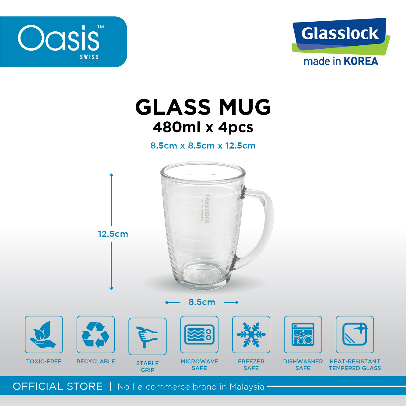 Glasslock Tempered Glass Mug Microwave safe High Quality Cawan Kaca Tahan Panas 480ml 4pcs ...
