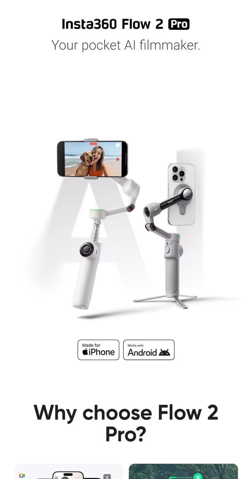 Insta360 Flow 2 | Flow 2 Pro - The AI Tracking Smartphone Gimbal Stabilizer Built-in Selfie ...