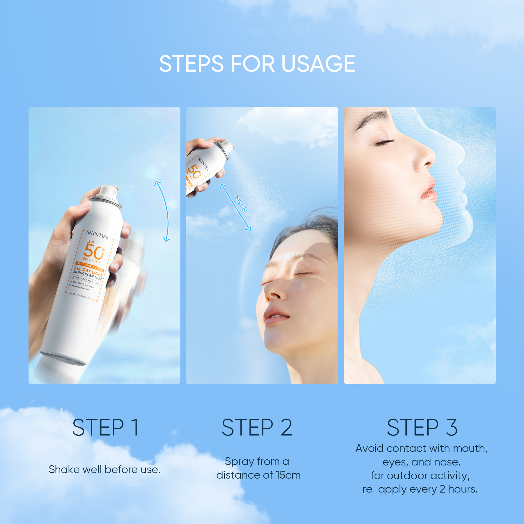 SKINTIFIC All Day Light Sunscreen Mist SPF50+ PA++++ Double Antioxidant ...
