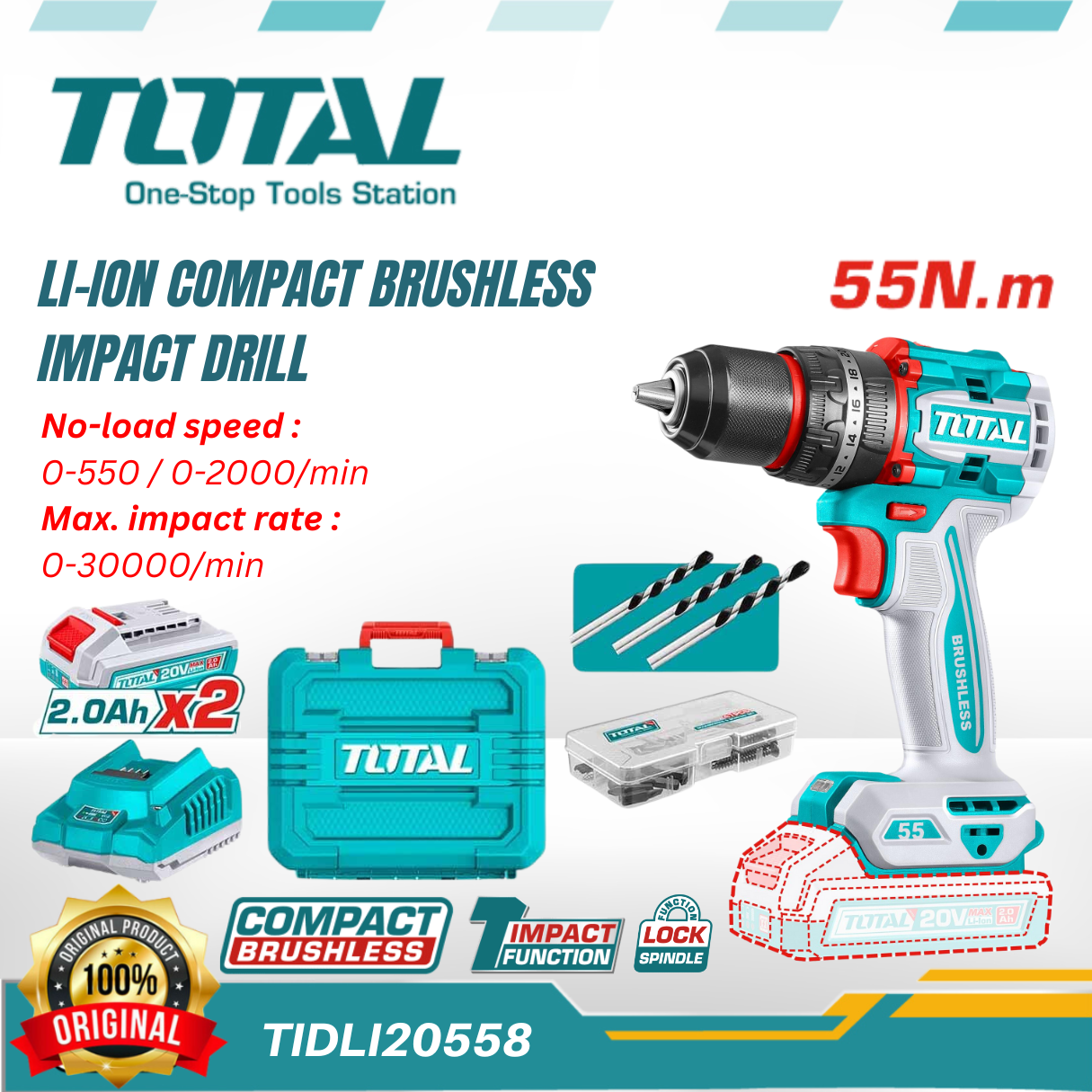 TOTAL TIDLI20558 (55N.M) / TIDLI20768 (77N.M) P20S 20V Li-ion Compact ...
