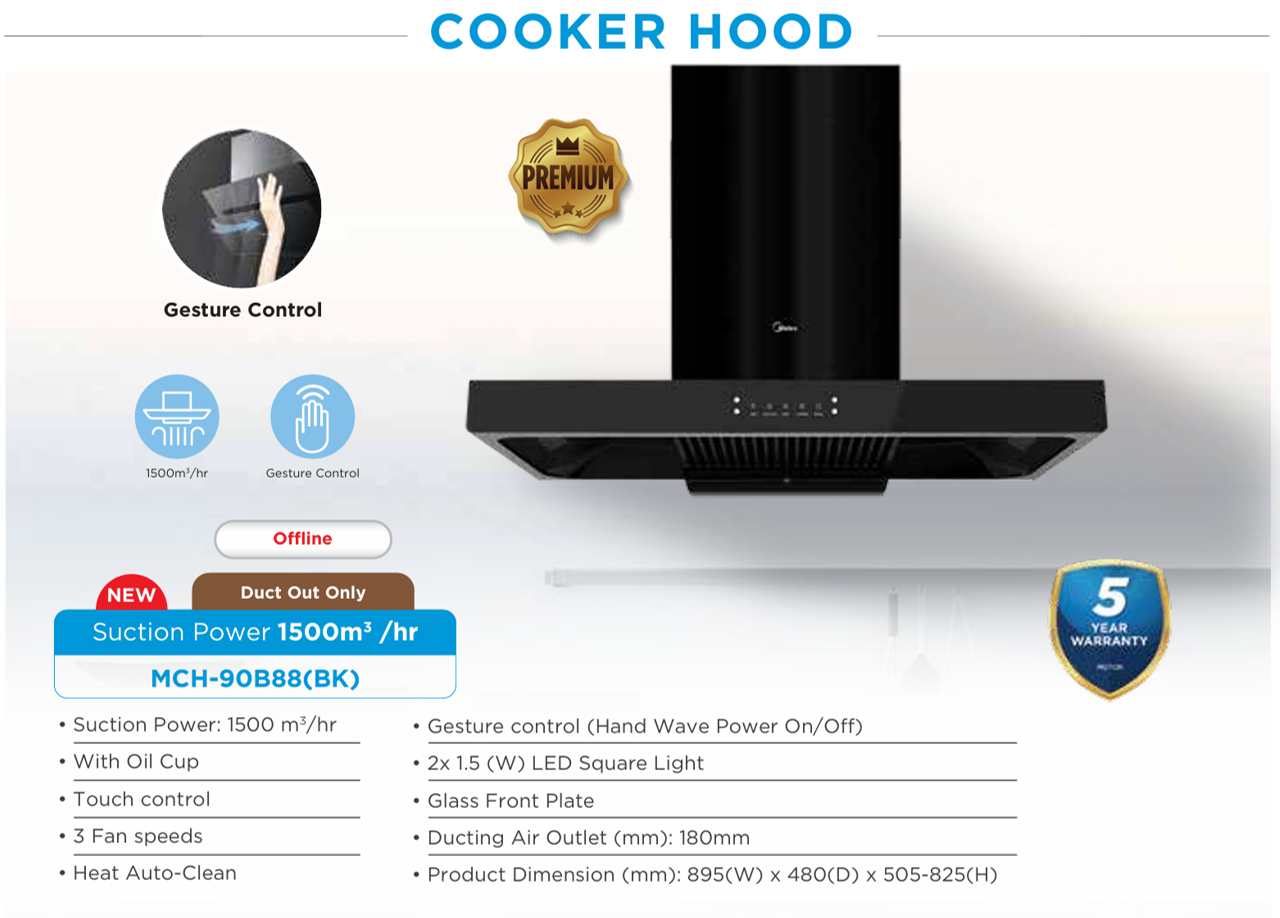 【FREE DUCTING HOSE】MIDEA 1400m3/hr Cooker Hood MCH-90J82 + Midea Built ...