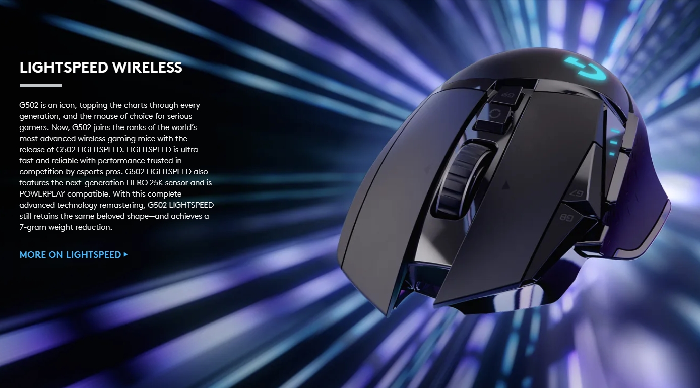 LOGITECH G502 LIGHTSPEED WIRELESS GAMING MOUSE WITH HERO 25K SENSOR ...