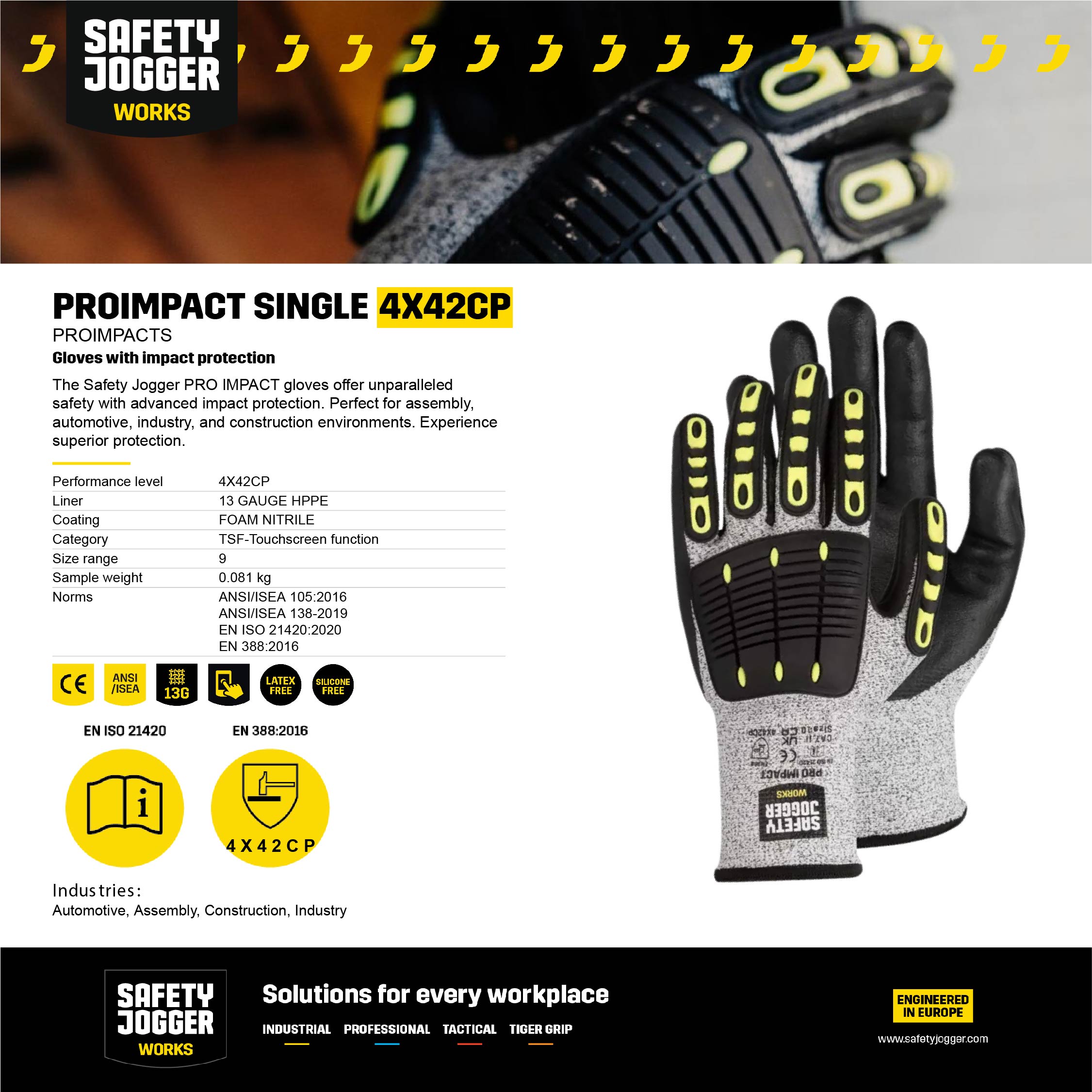 SAFETY JOGGER Proimpact HPPE Impact Protection Industrial Protective Hand Glove Safety Gloves ...