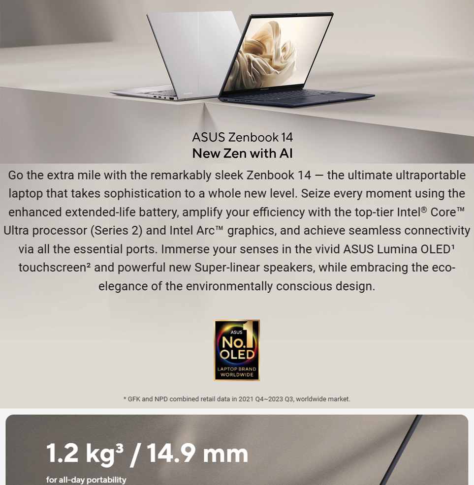 Asus Zenbook 14 OLED UX3405C-APZ148WS 14" 3K Ponder Blue(CU5-225H,16GB ...
