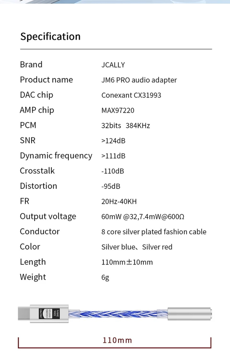 Jcally JM6 Pro, Dongle DAC and Amplifier: Type C/Lightning to 3.5mm, Dual CX31993/MAX97220 Chips ...