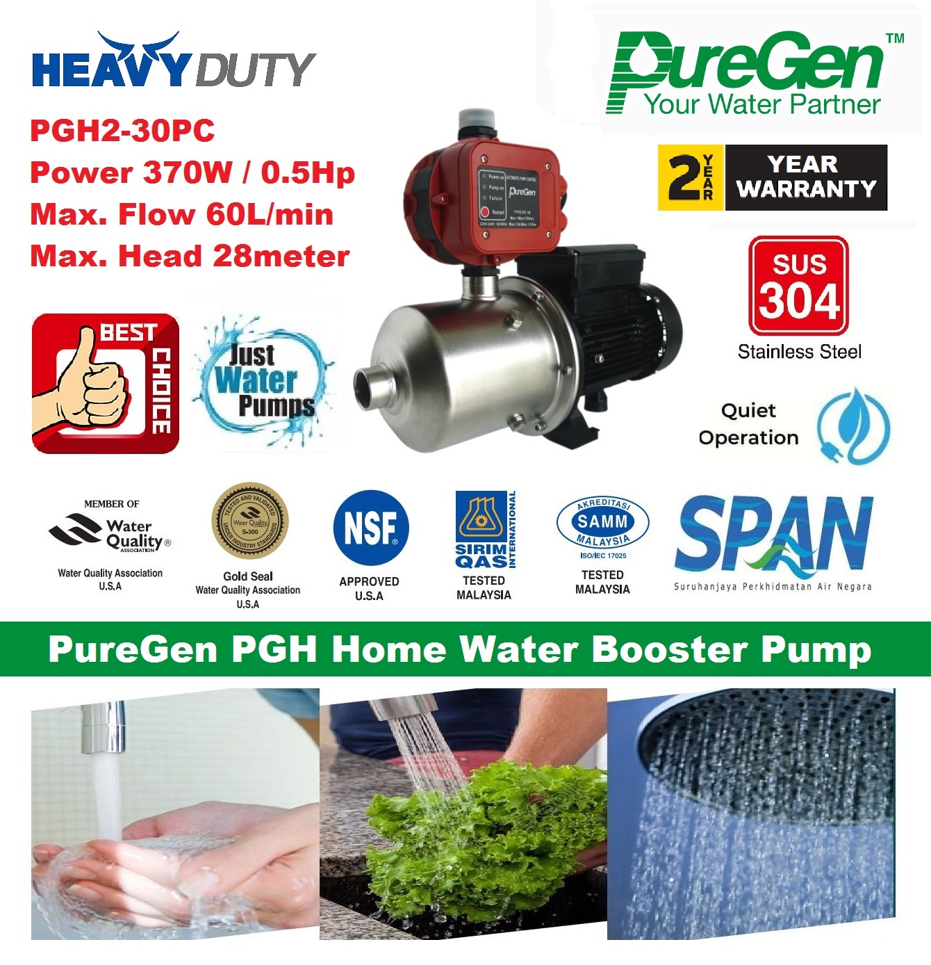 PureGen PGH 2-30 PC-Auto Stainless Steel Water Booster Pump 0.5Hp ...