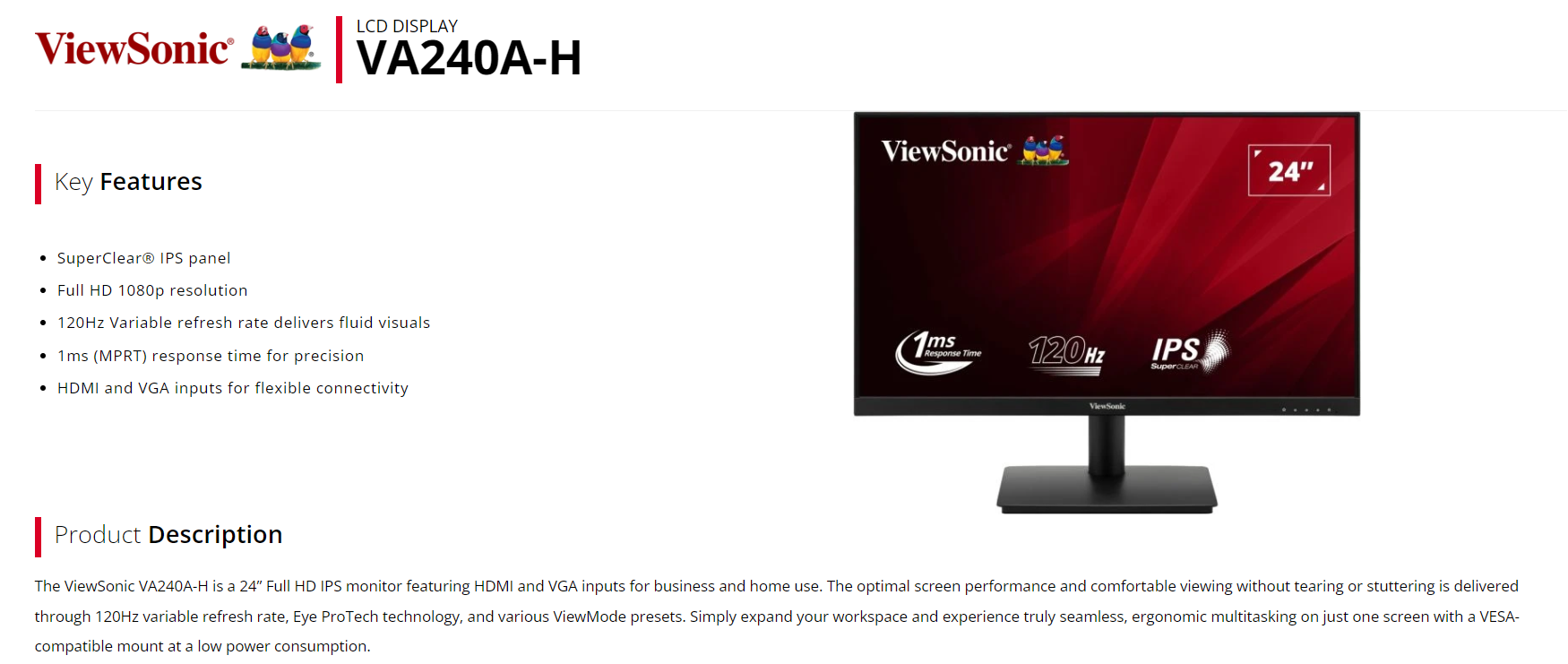 ViewSonic VA240A-H (24") / VA270A-H / VA270-H-2 (27") Full HD IPS ...