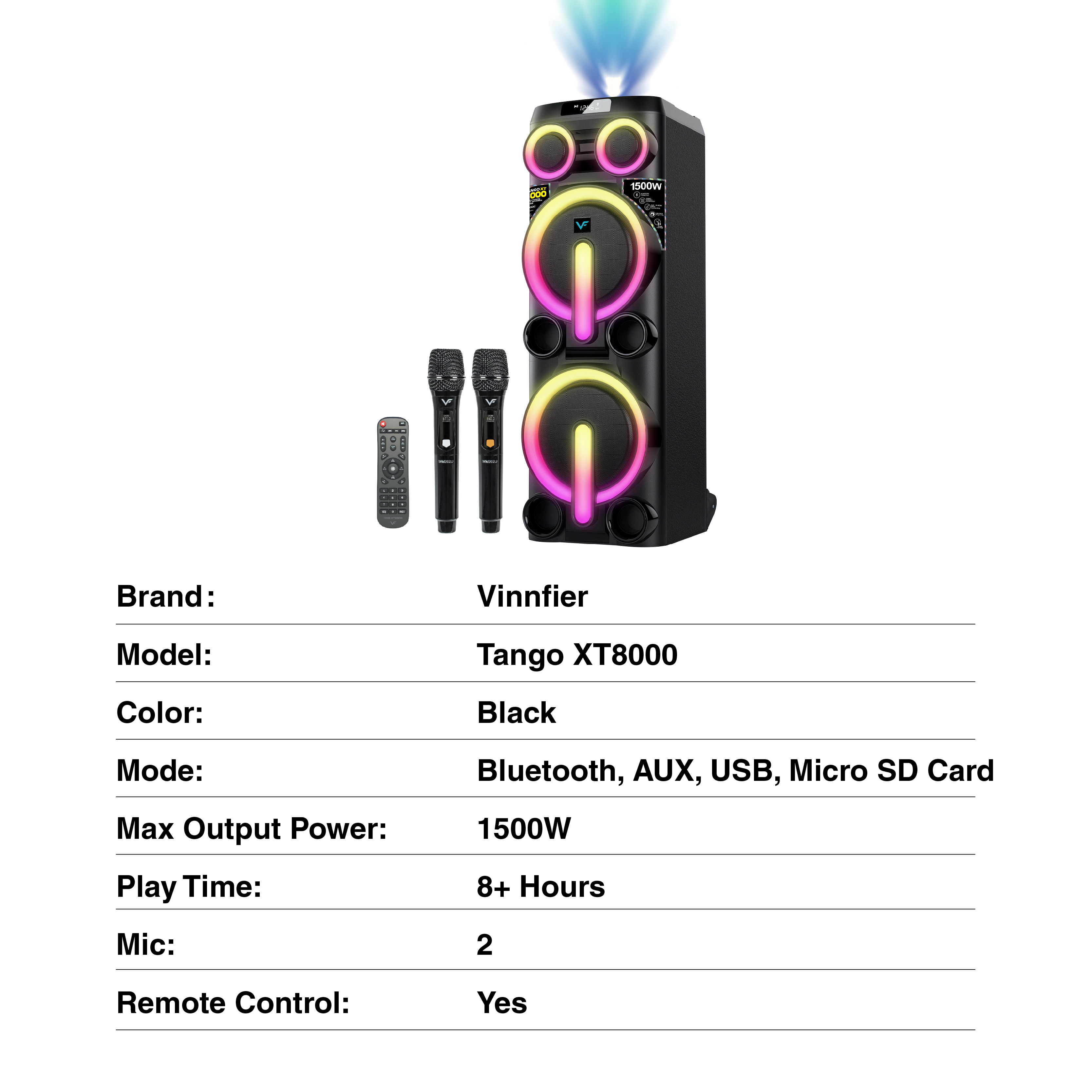 Vinnfier VF Tango XT8000 WMU 1500W MAX 14000mAh Potable Bluetooth Partybox Speaker Karaoke ...