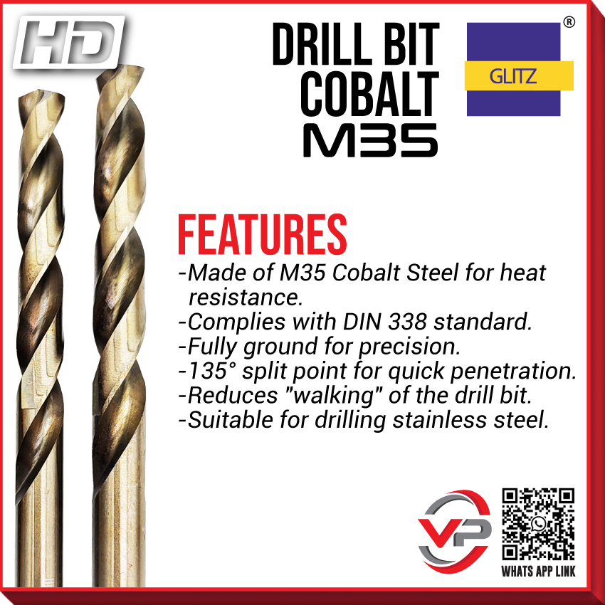 GLITZ M35 Cobalt Drill Bit Stainless Steel 7 7.5 8 8.5 9 9.5 10 10.5 11 11.5 12 12.5 13 mm Metal ...