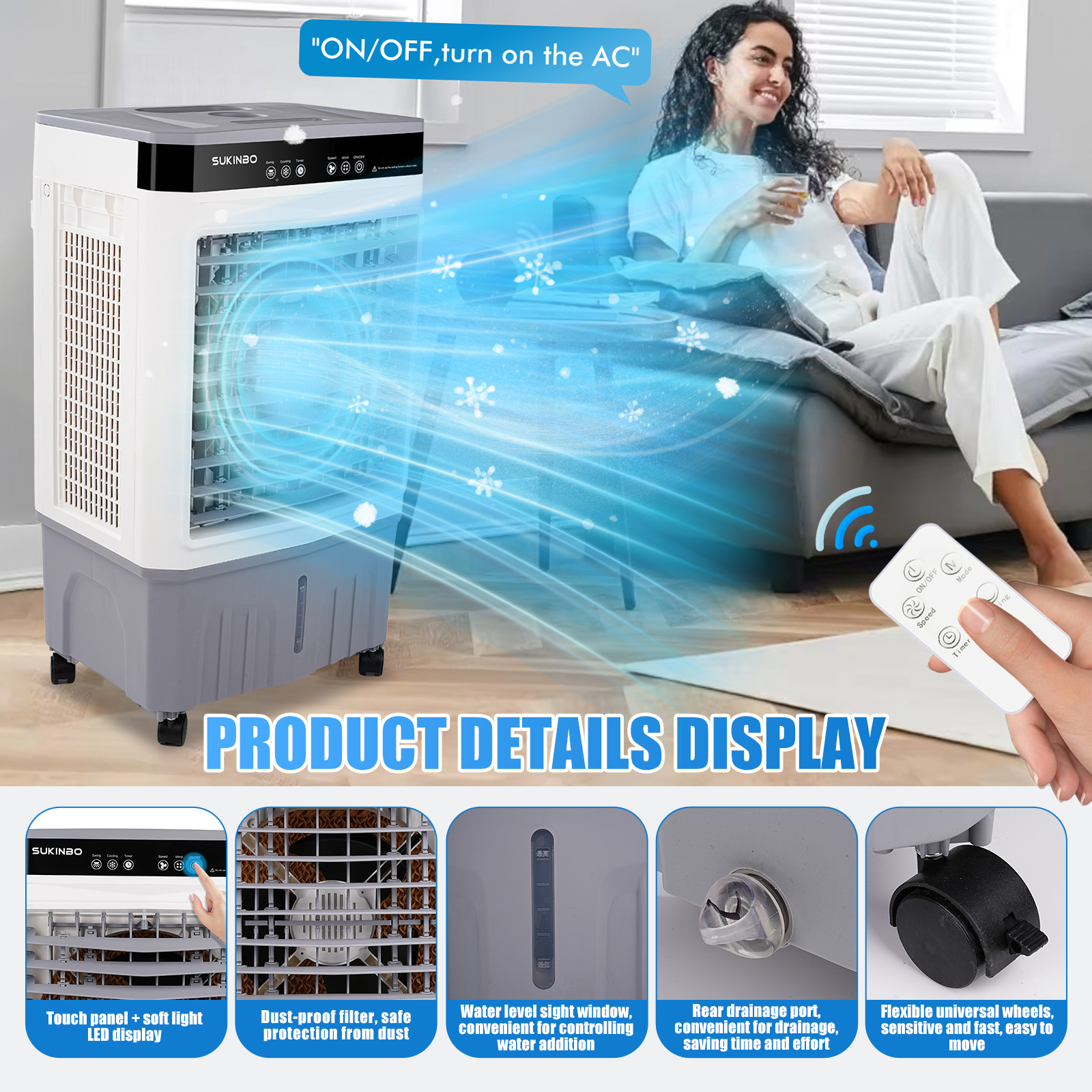 SUKINBO 60L Large Capacity Air Cooler Energy Save Power Remote Control ...