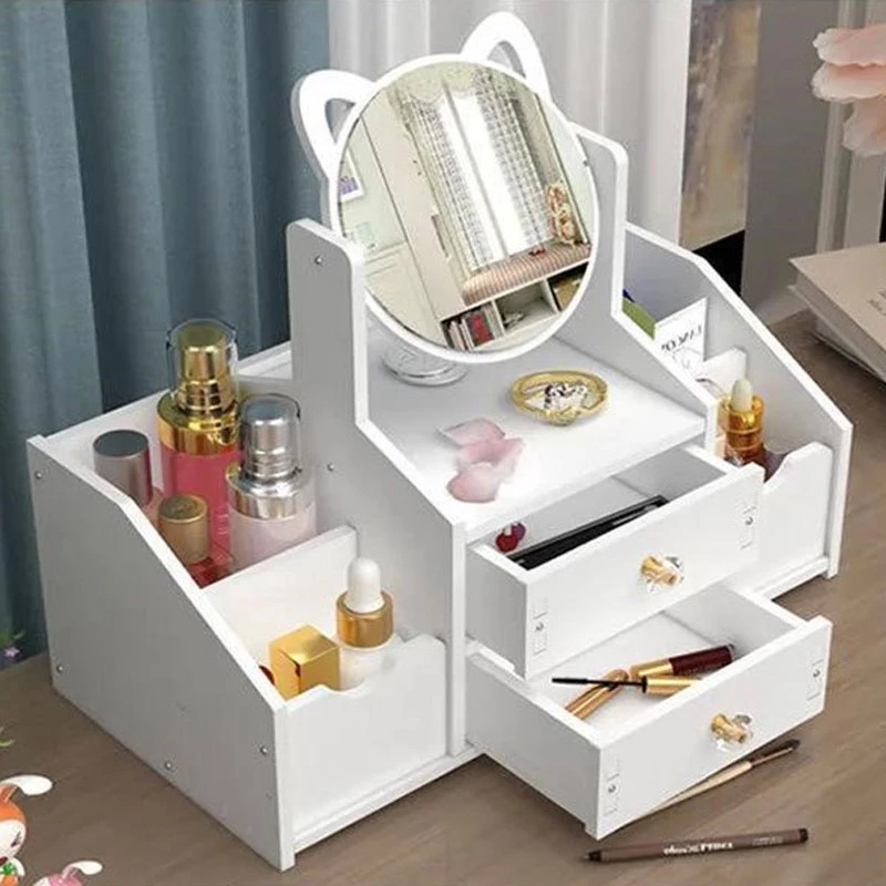 Makeup Organizer Rack With Cat Ear Rotate Mirror & Drawer Cosmetic ...