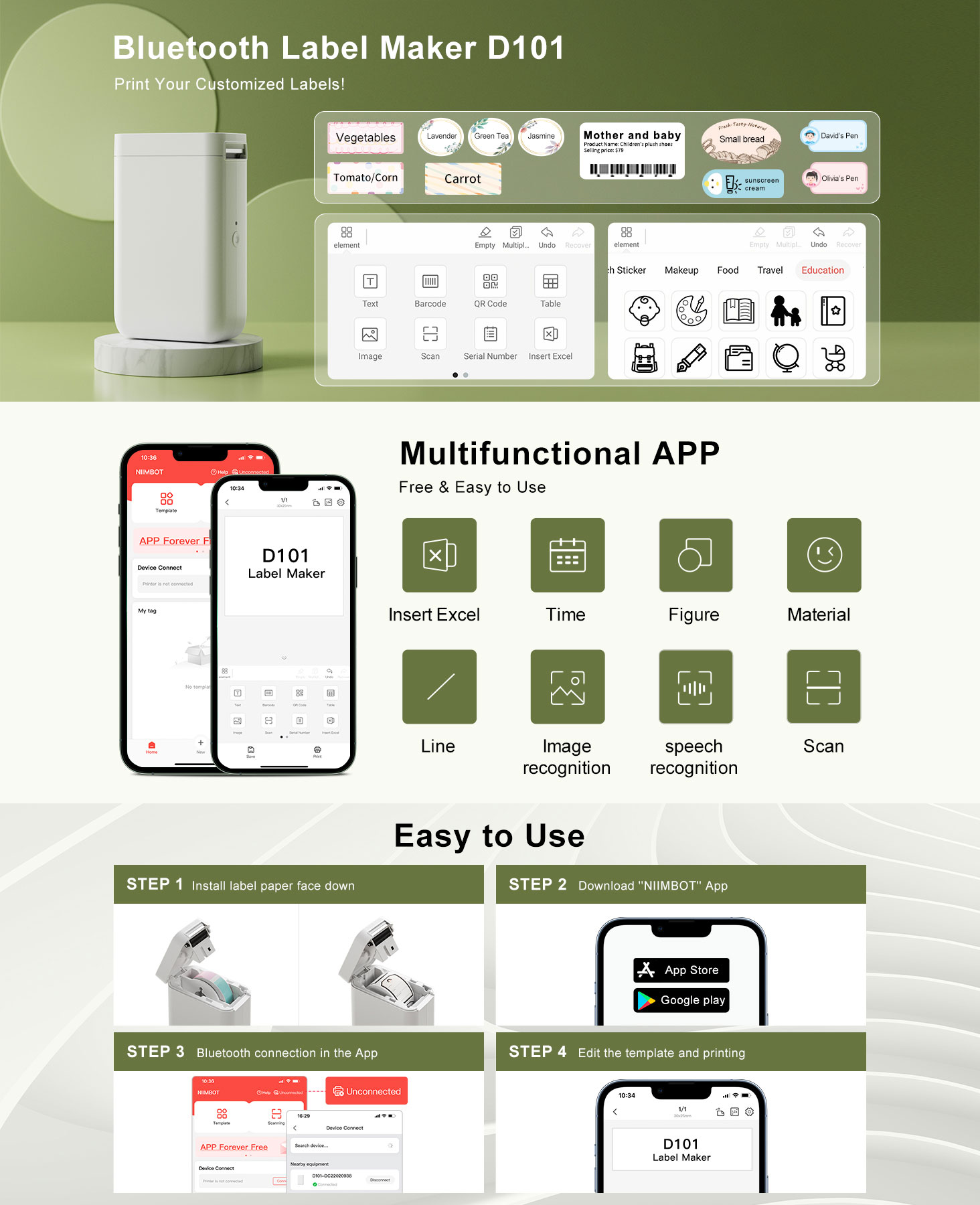 NIIMBOT D101 Home Portable Label Printer No Ink Required Bluetooth Wireless For Android iPhone ...