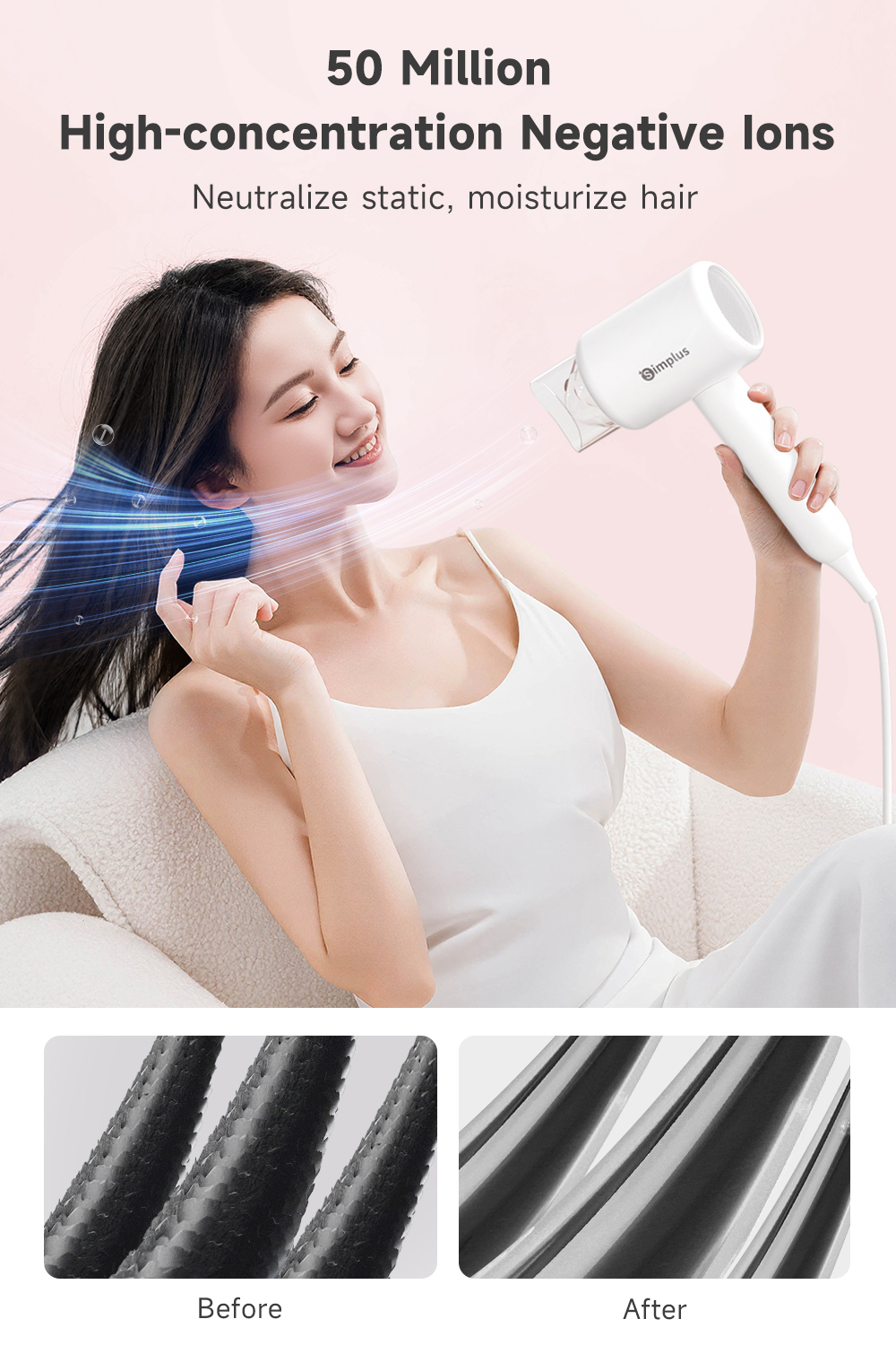 【SimplusPink】Simplus Hair Dryer Foldable 261g Lightweight 50 Million ...