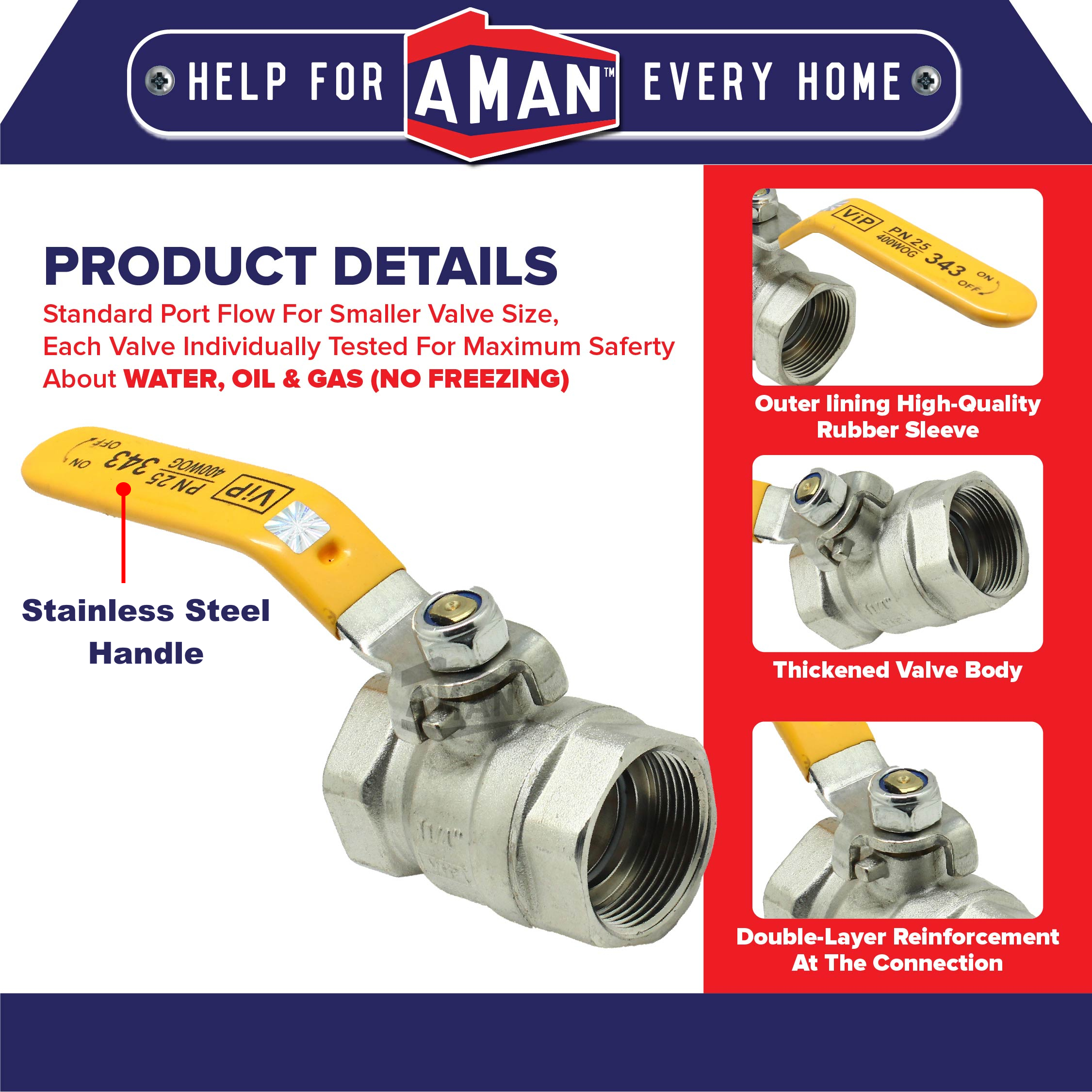 ViP 2-1/2" PN25 Full Bore Ball Valve FF Brass Body Water Pipe Fitting ...