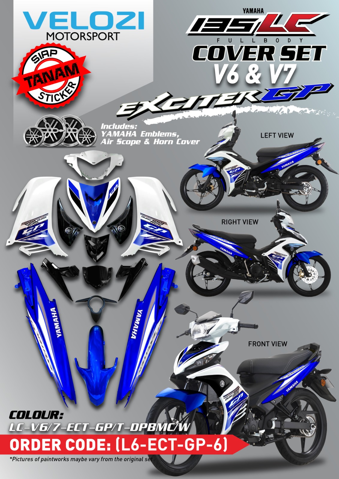 COVERSET BODYSET YAMAHA LC LC135 V2 V6 V7 EXCITER GP BIRU PUTIH STRIPE ...