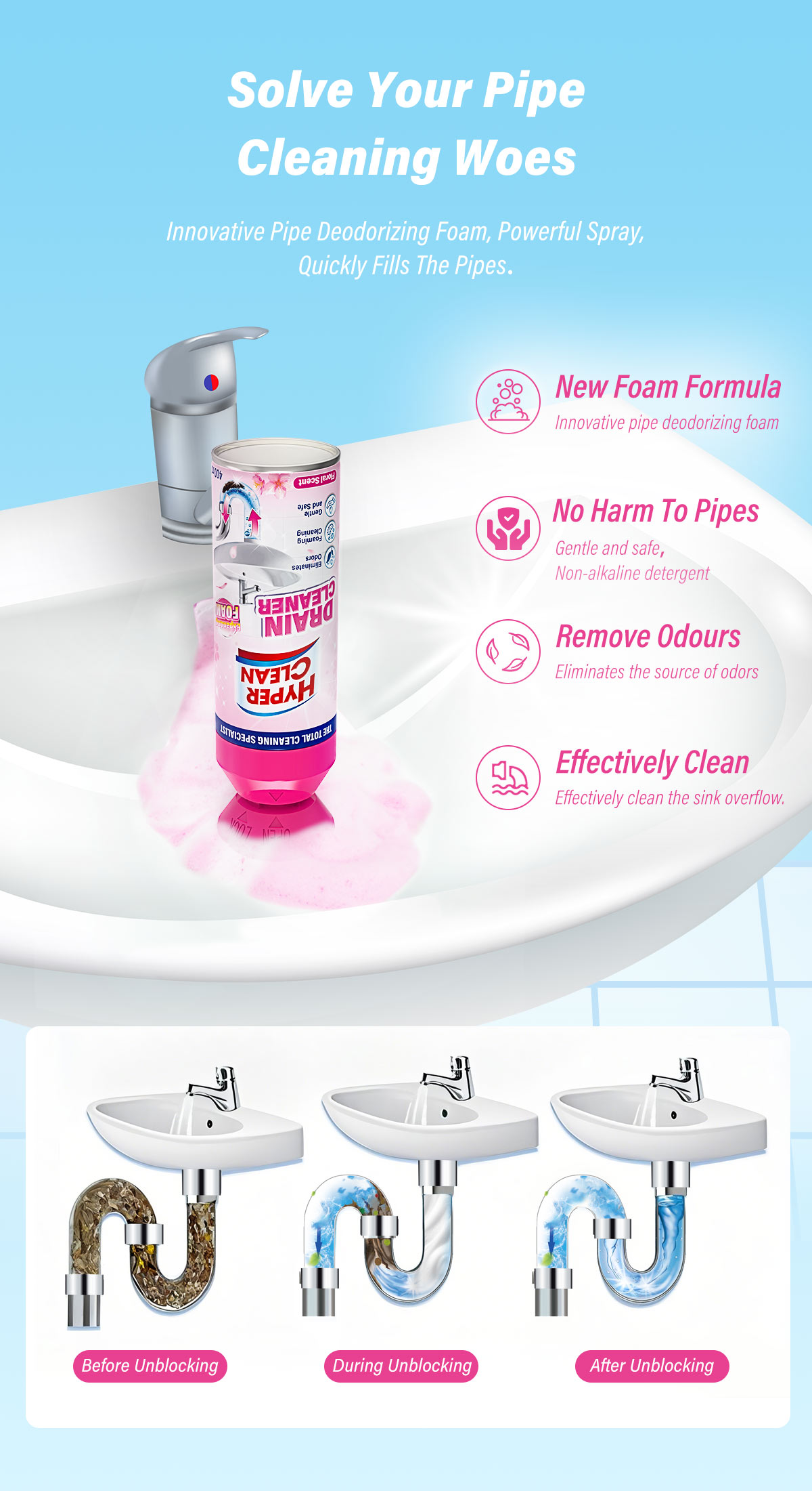 [Value Pack] Hyperclean 400ml Foam Clog Remover Sink & Drain Pipe Cleaner | Pembersih Saluran ...
