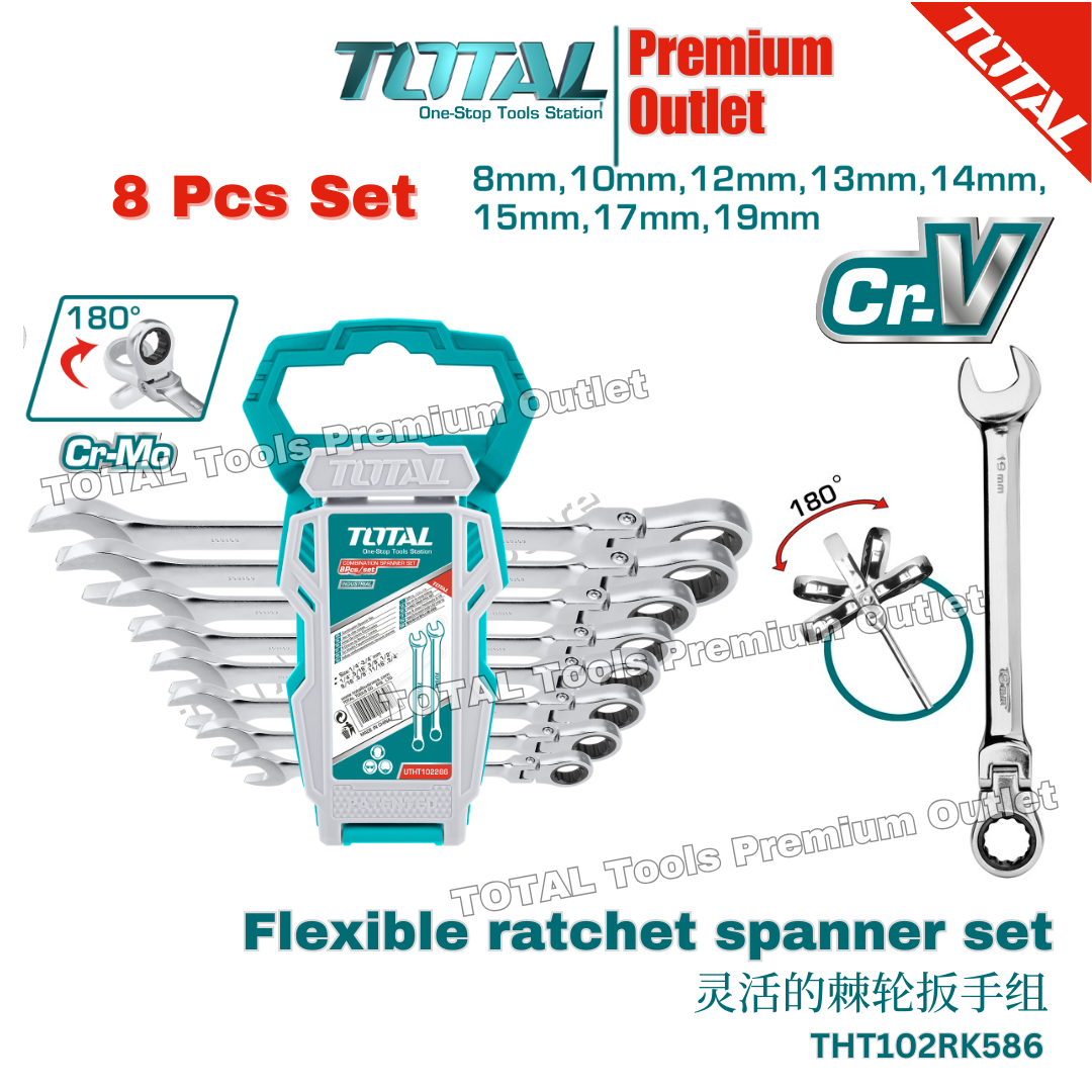 TOTAL Tools Cr-V 8pcs Flexible ratchet spanner set Size 8mm~19mm 灵活的棘轮扳手组 - THT102RK586 | Shopee ...