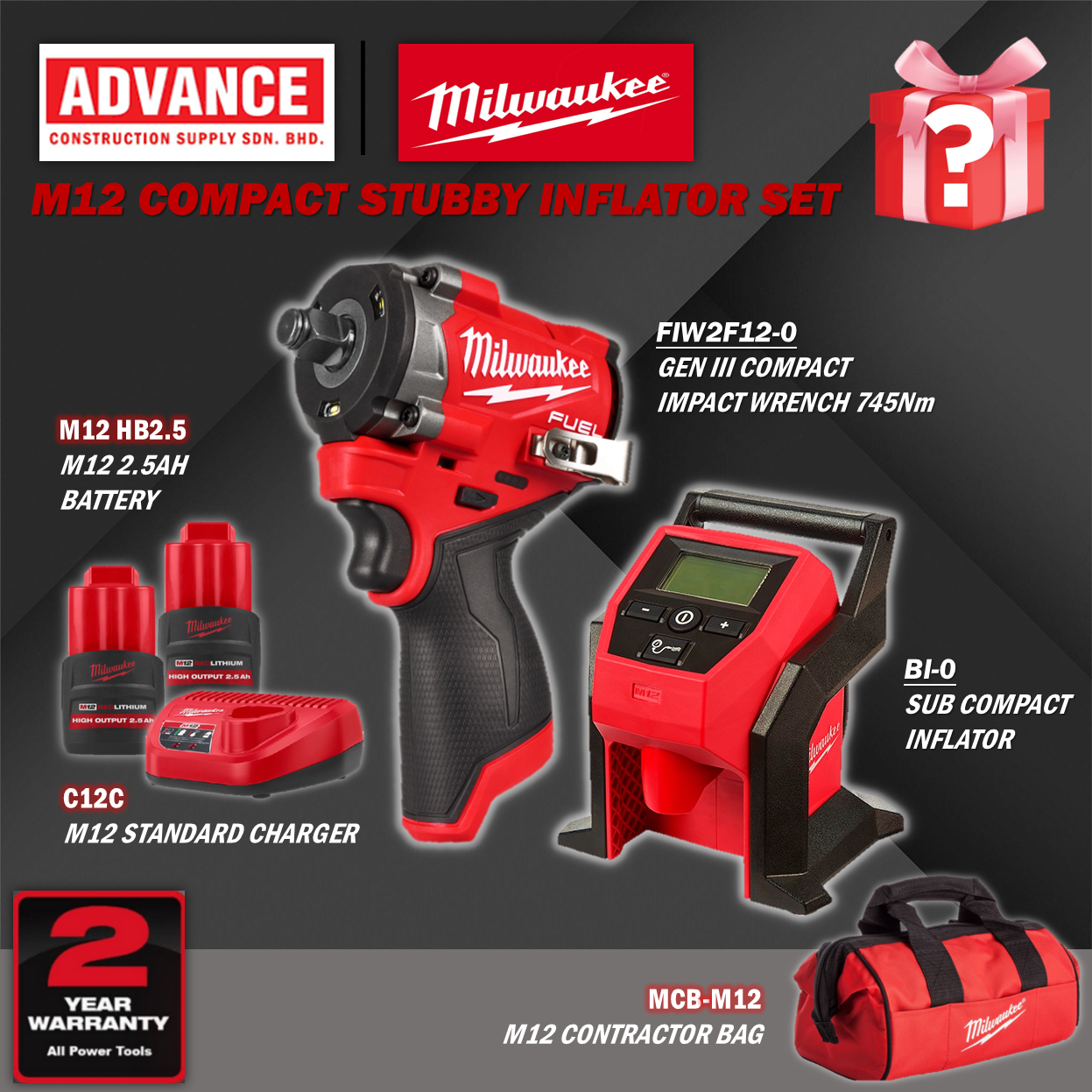 MILWAUKEE M12 Stubby Impact Wrench Combo RM1555 ( M12 FIW2F12 Compact ...