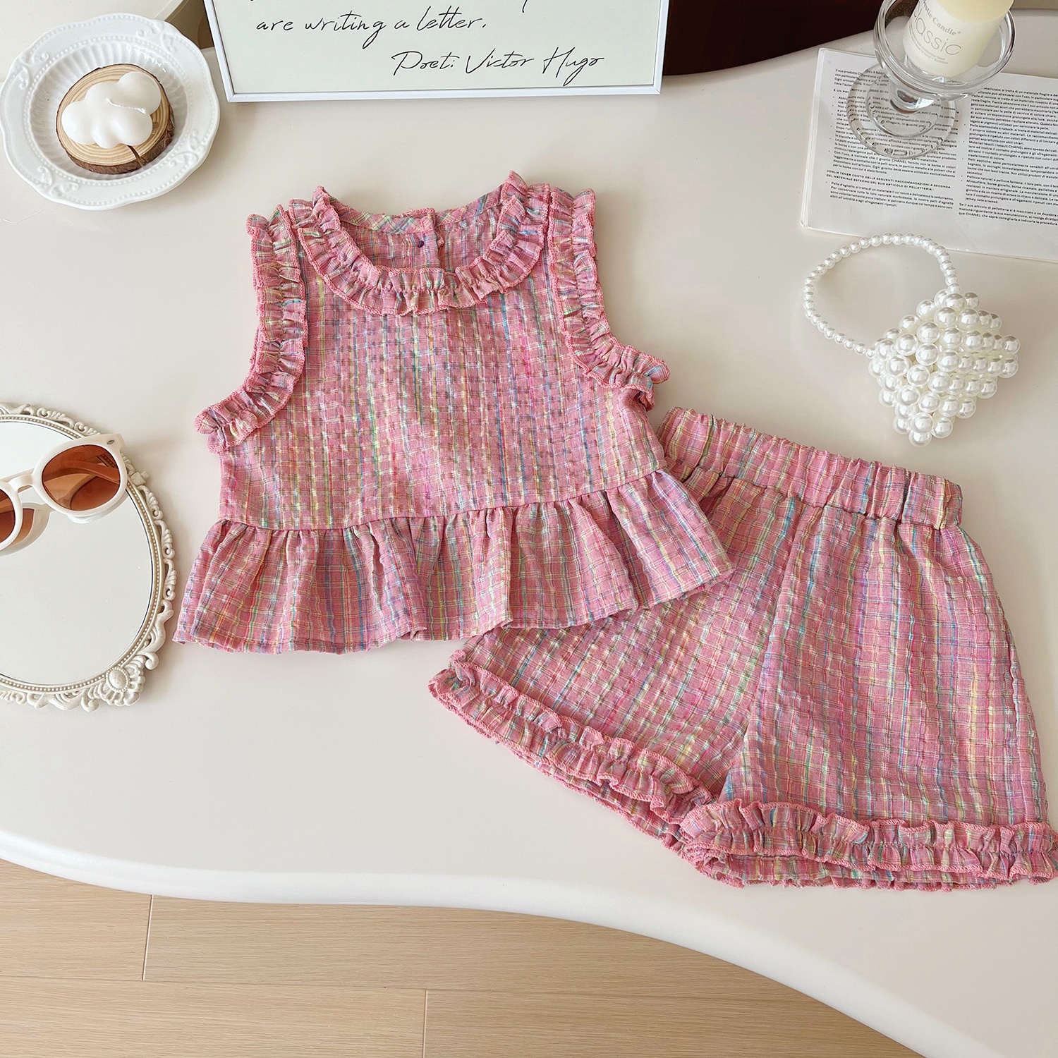 PRINCESS KESLI Girls' Clothes Set Sleeveless Pink Plaid Top Baju Seluar ...