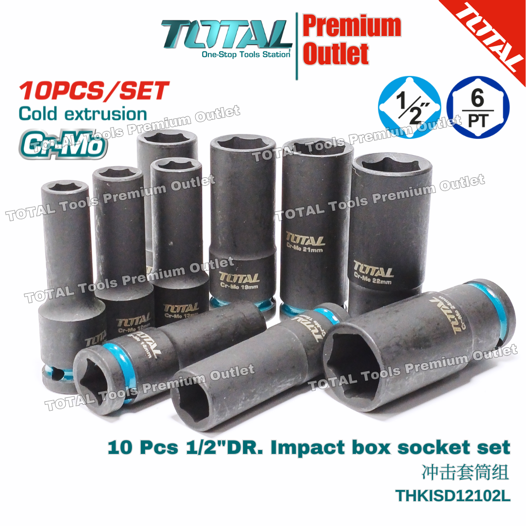 TOTAL Tools 10 pcs 1/2" Cr-Mo Long deep Impact box socket set 10~24mm ...