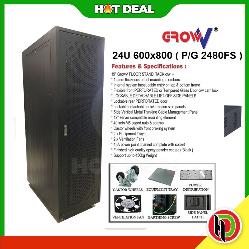 19" GrowV 24U Heavy Duty 19" Floor Stand Server Rack - with 2 Fan + 2 ...