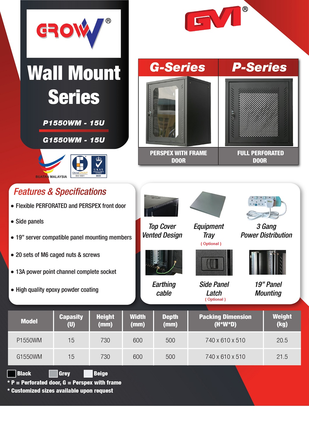 19" GrowV 15U Perforated Wall Mount Server rack - Heavy Duty 15U Server ...