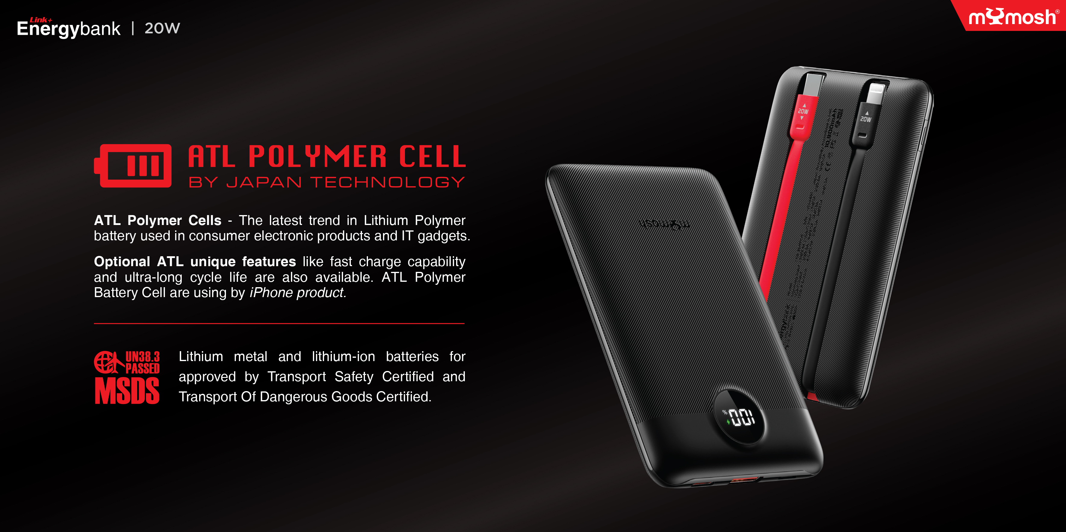 Mymosh QC 5.0/PD 3.0 Built-In Type-C and Lightning Cable Fast Charging ...