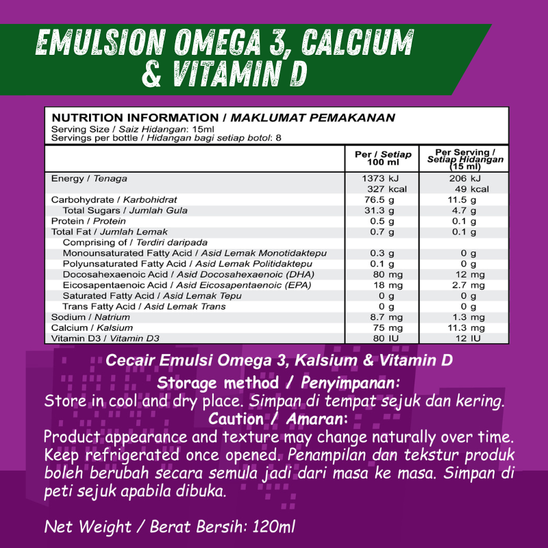 One Q Wellness Emulsion With Omega 3, Calcium & Vitamin D 120ml | brain ...
