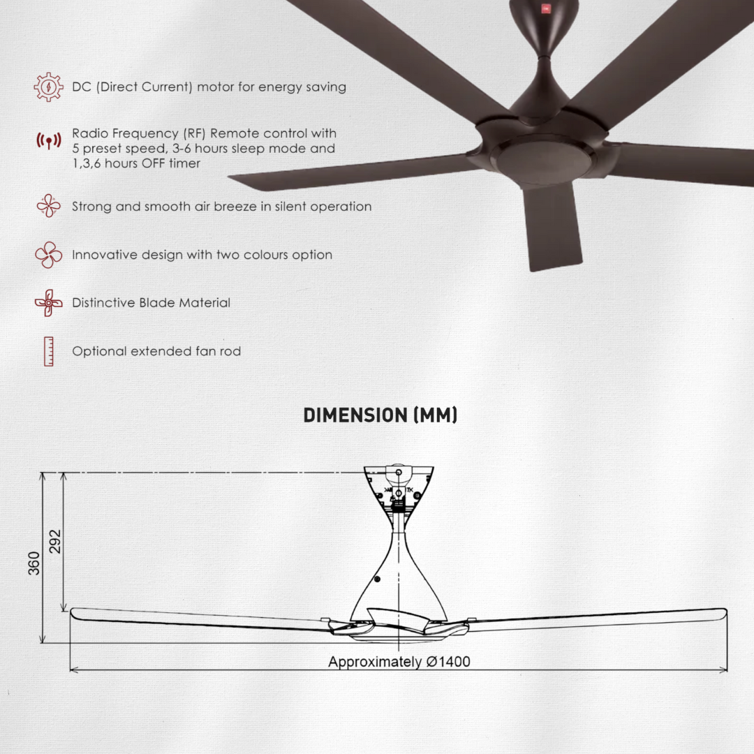 KDK K14PH / DESIGNER (56"/140cm) DC Motor Kipas Siling Ceiling Fan With ...