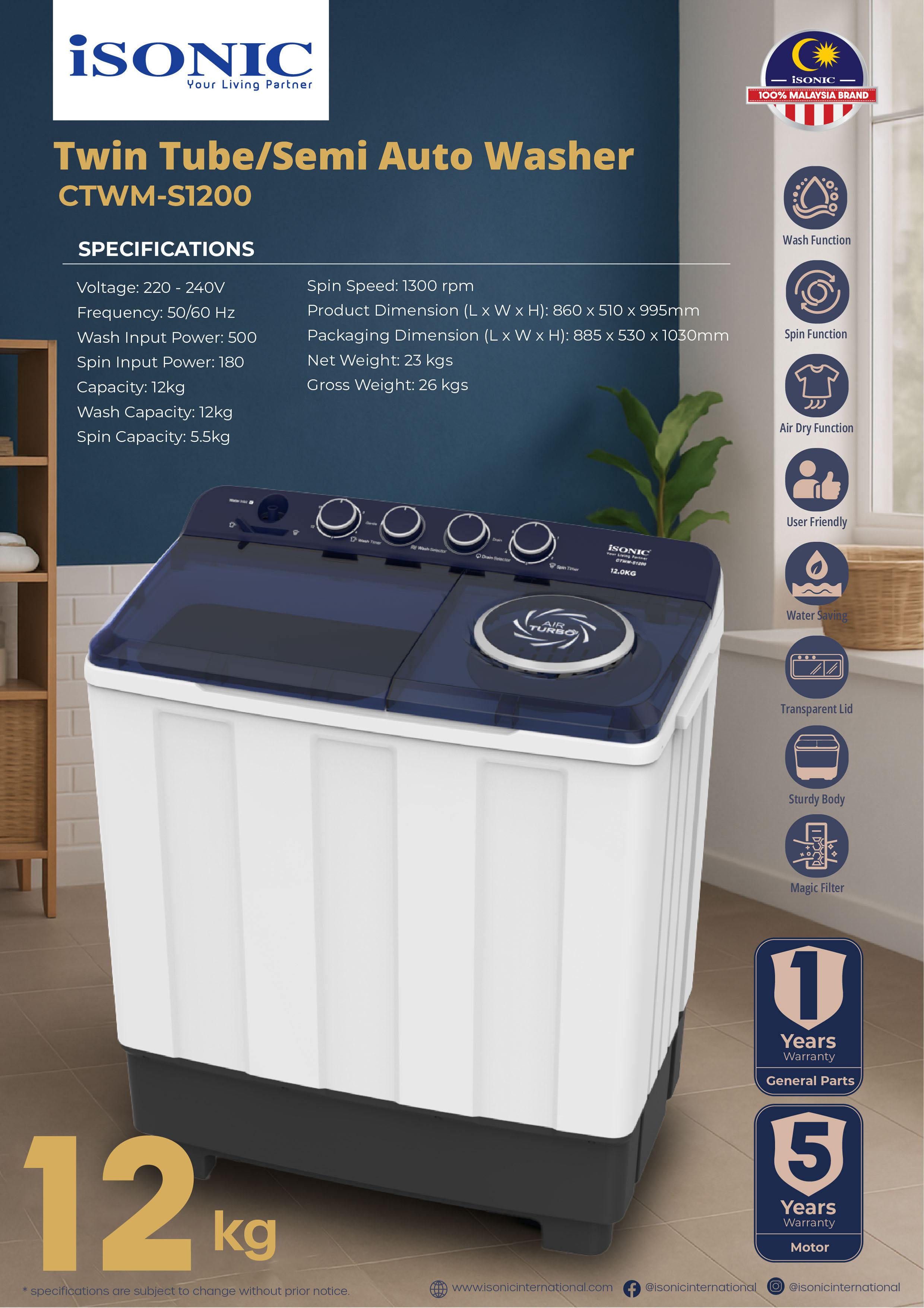ISONIC SEMI AUTO WASHING MACHINE 8KG | 12KG | WASHING MACHINE MANUAL ...