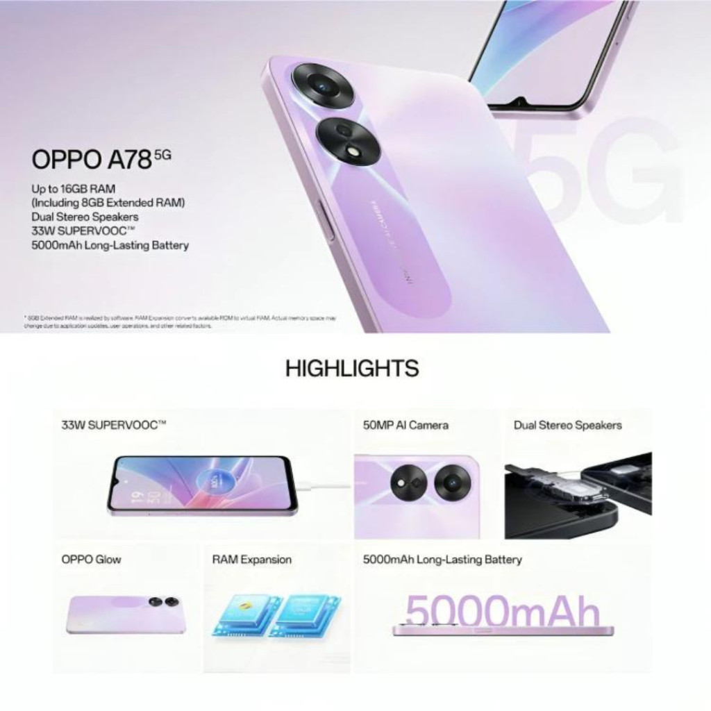 Oppo A78 5G Mediatek MT6833 Dimensity 700| 5000 mAH| 8GB(extend 8GB)RAM+256GB ROM| Dual Rear ...