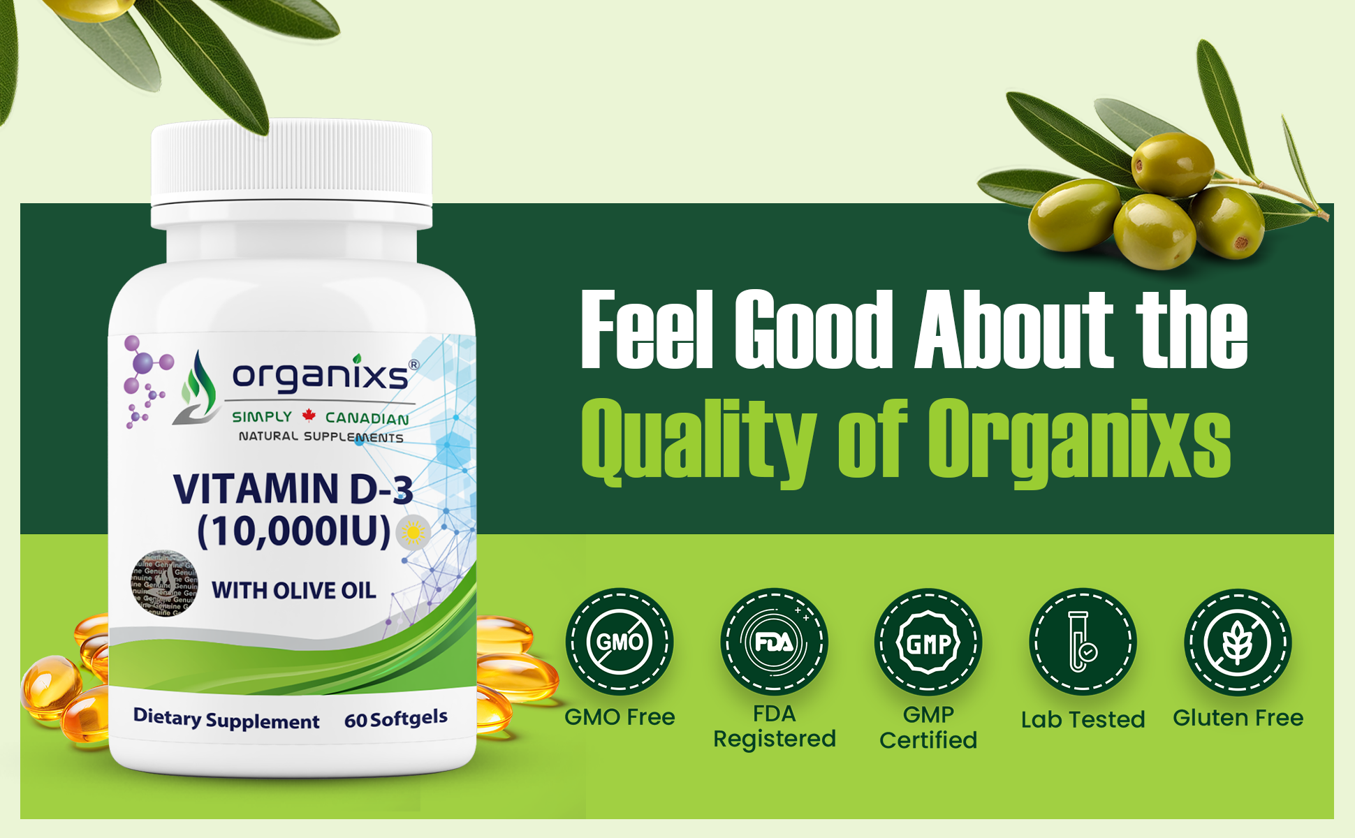 Organixs Vitamin D3 10,000iu with Olive Oil - 60 Softgels, exp 03/2027 ...