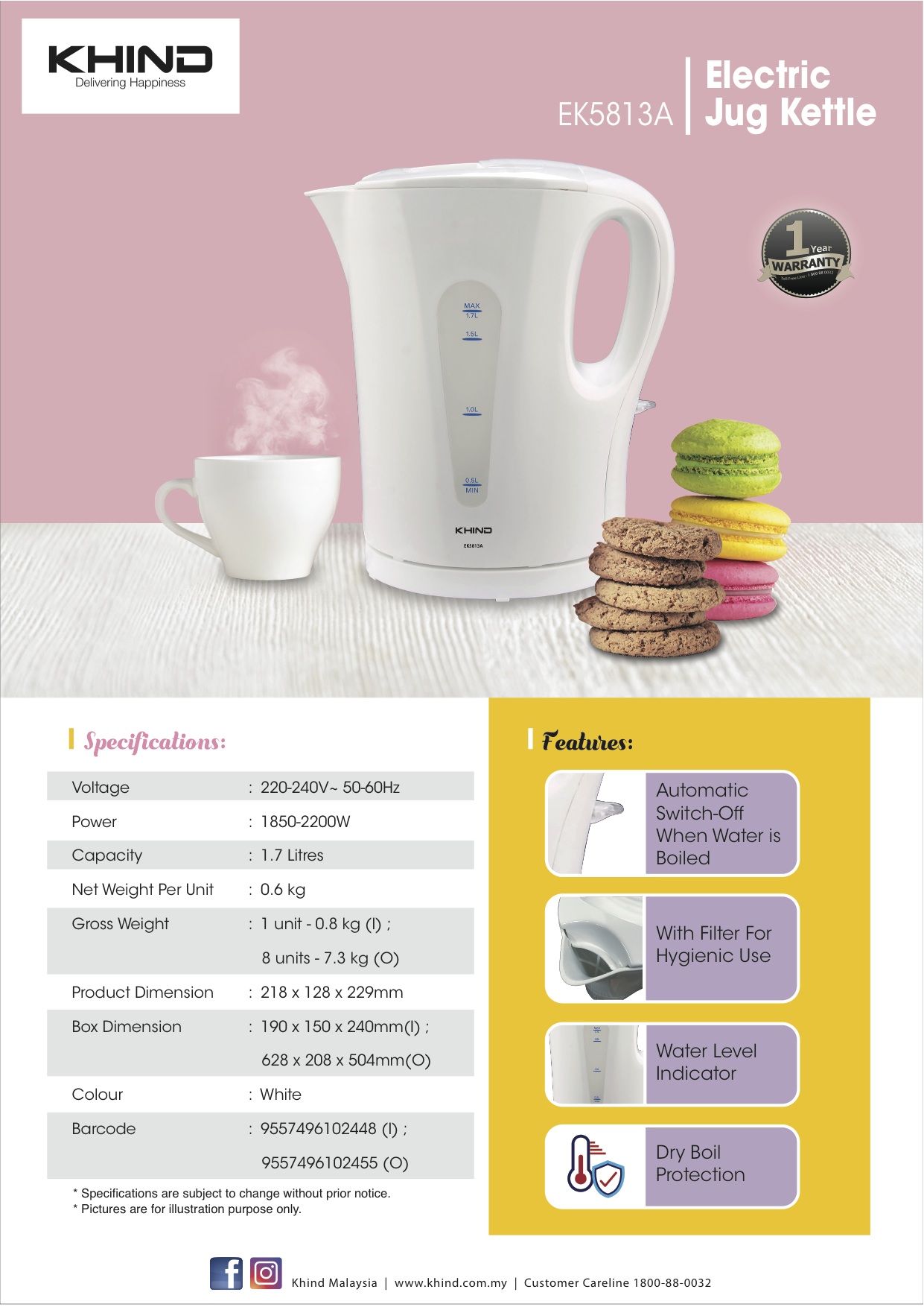 Khind Electric Jug Kettle 1.8L EK18SS / Khind Jug Kettle Cordless 1.7L ...