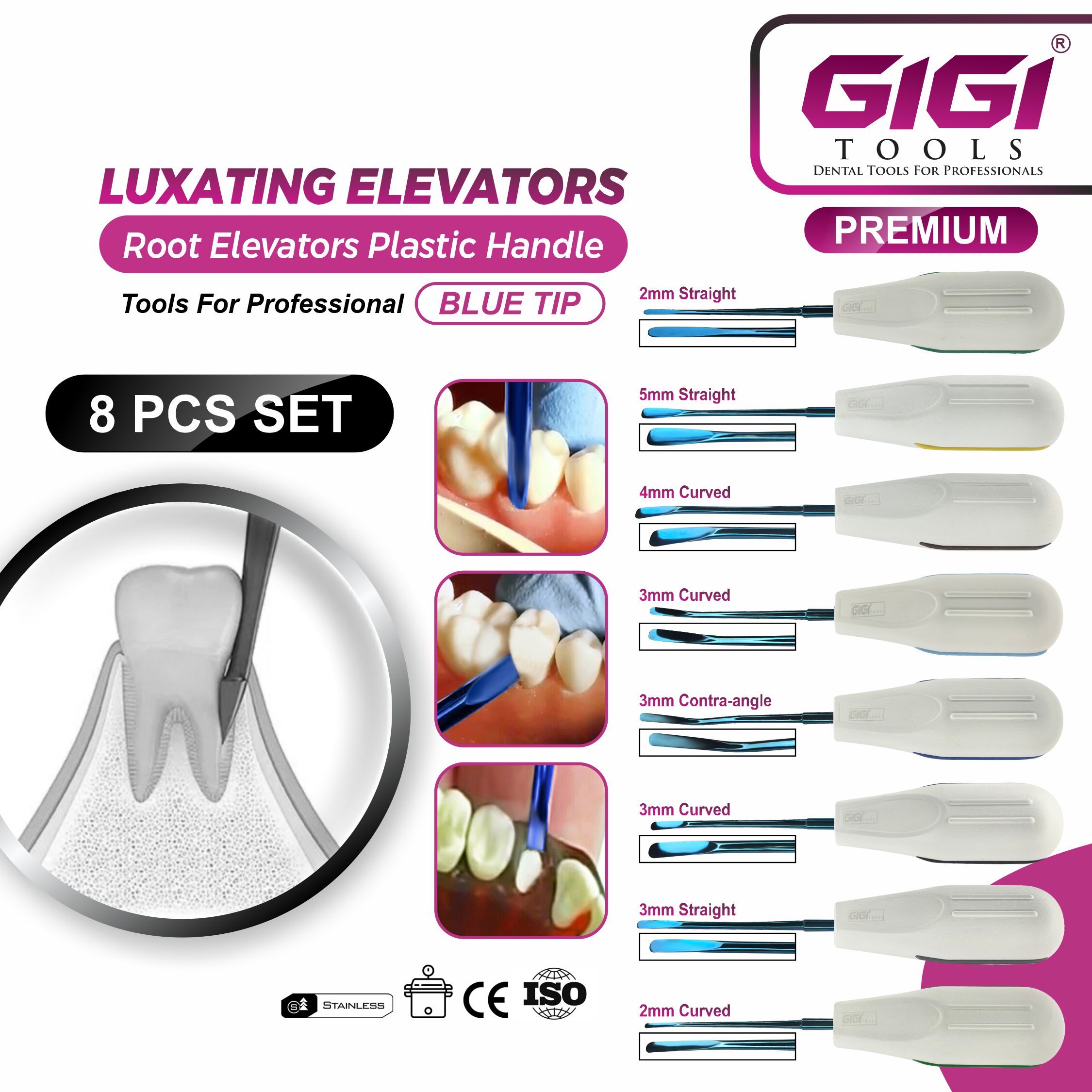 Gigi Tools Luxator Tooth Extracting Elevators Blue Coated Points Dental ...