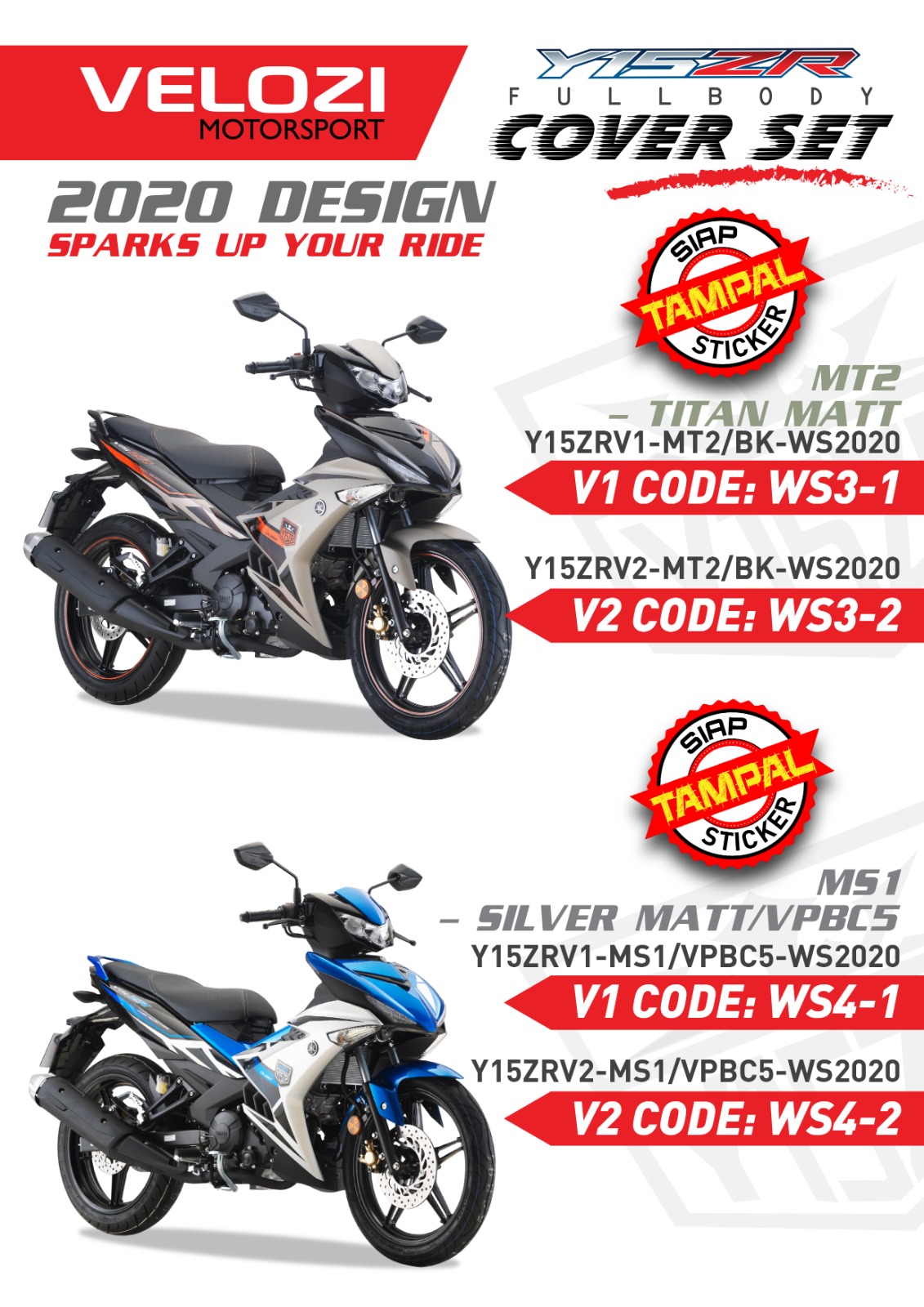 COVERSET BODYSET YAMAHA Y15 Y15ZR YSUKU V1 V2 100% ORIGINAL HLY VELOZI GREY MATT MT2 TITAN 2020 ...