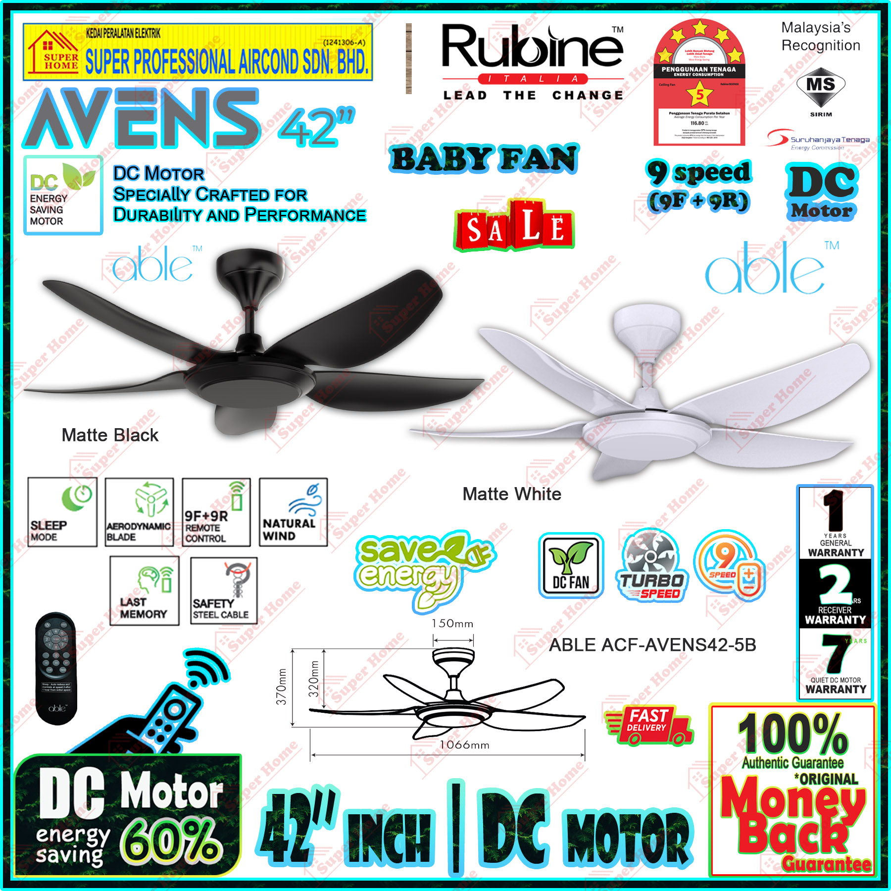 Rubine Baby Fan RCF-VETTA46-5B-GM Ceiling Fan with Remote Control / 42 inch DC Fan | Shopee Malaysia