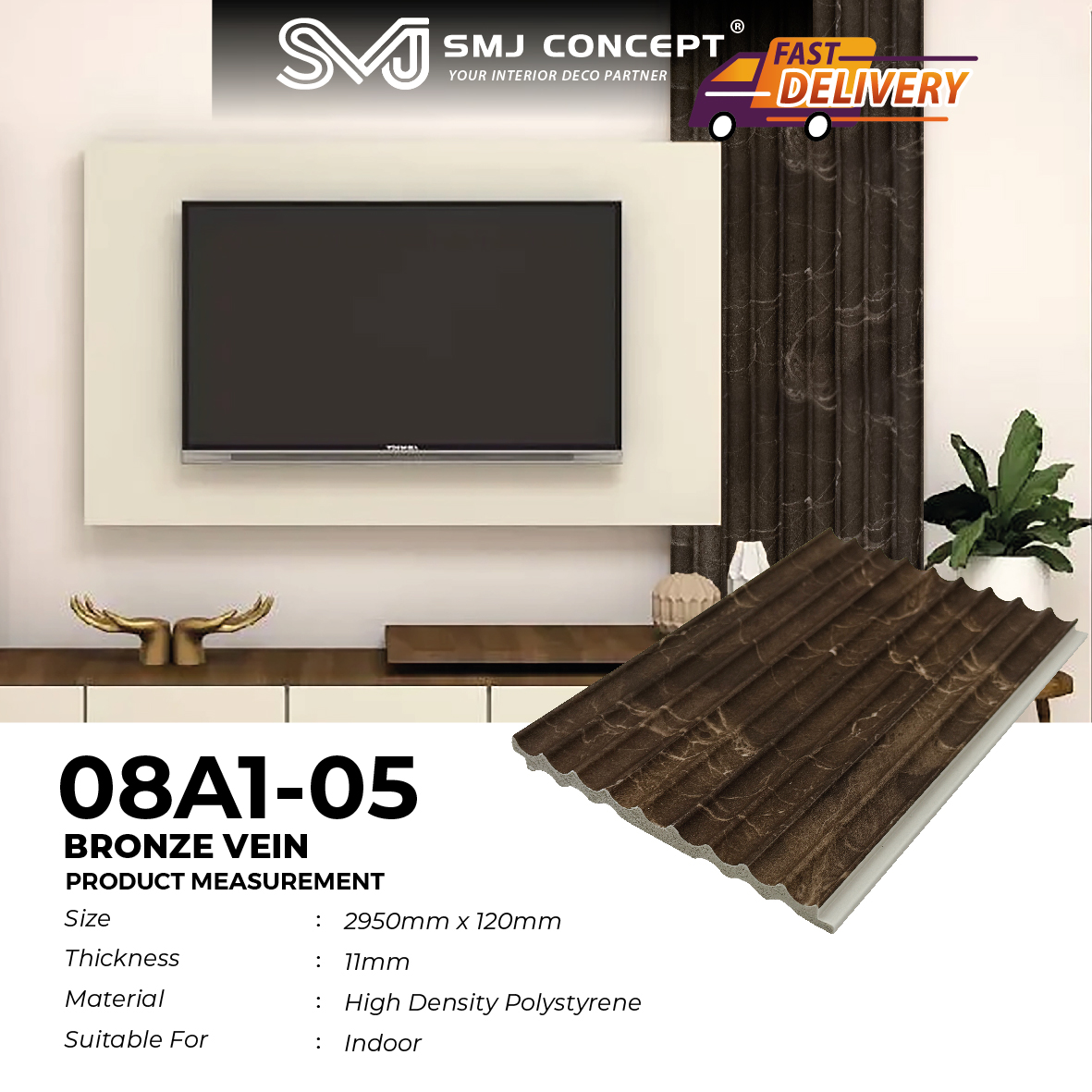 SMJ CONCEPT® PS SLIM WAVE Wall Panel 3D 295x12cm | Indoor Decorative ...