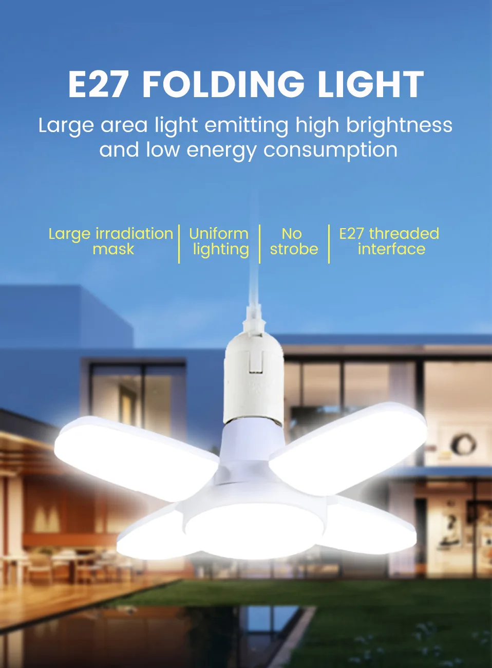 Angle Adjustable LED Pendant Light Foldable Fan Blade LED Bulb E27 65W ...
