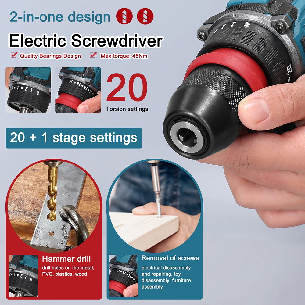 2-in-1 18V Brushless Electric Drill Rechargeable Cordless Screwdriver ...