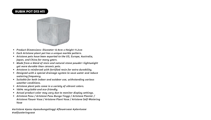 Artstone Rubik Pot D13 H11 / Flower Pot / Pasu Bunga Hiasan Modern ...