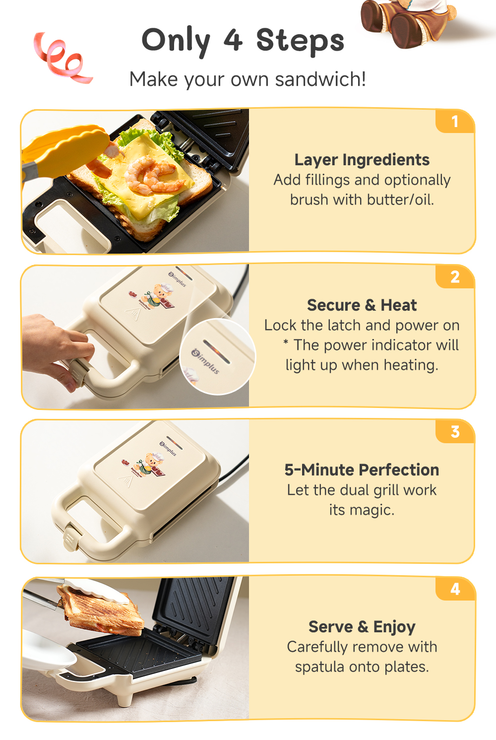【Simplus×Butterbear】650W Sandwich Maker Breakfast Toast Maker Overheat ...