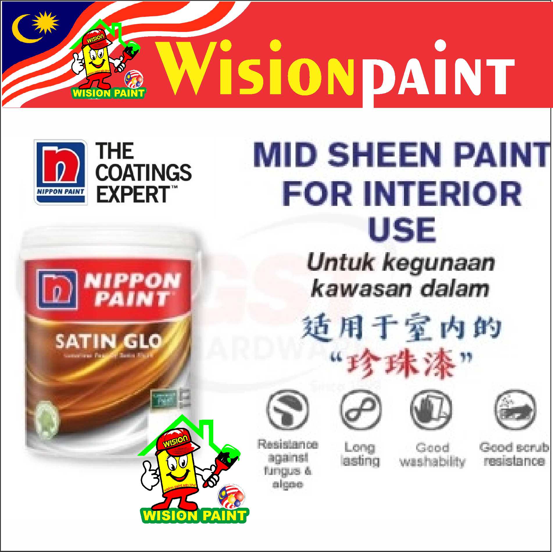 1L Nippon Paint ( Satin Glo ) Mid Sheen Finishing / Cat Kilat Dinding ...