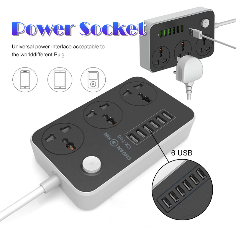 6 USB Port 3 Universal Power Strip Extension Plug Power Socket Electric ...