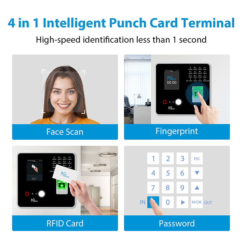NGTeco Face Time Attendance Machine Digital Time Recorder RFID Card 2 ...